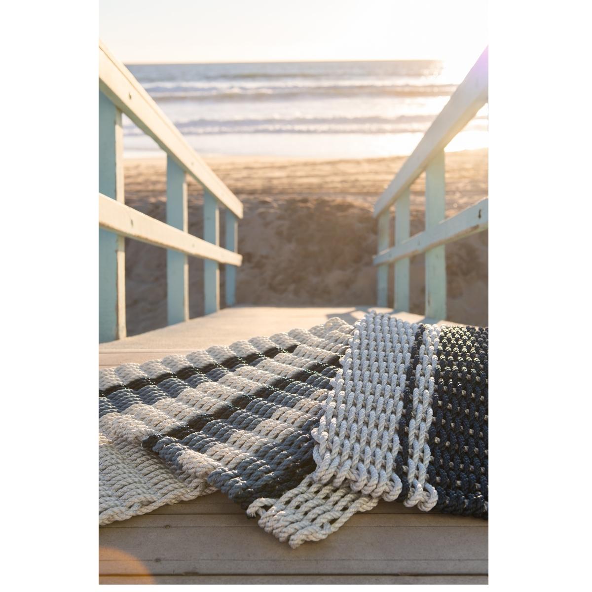 Nautical Rope Doormat - Fog Gray & Navy Triple Stripe – Cailini Coastal